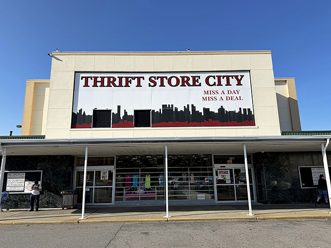 That city skyline silhouette promises urban treasures await inside this thrift shopping paradise.