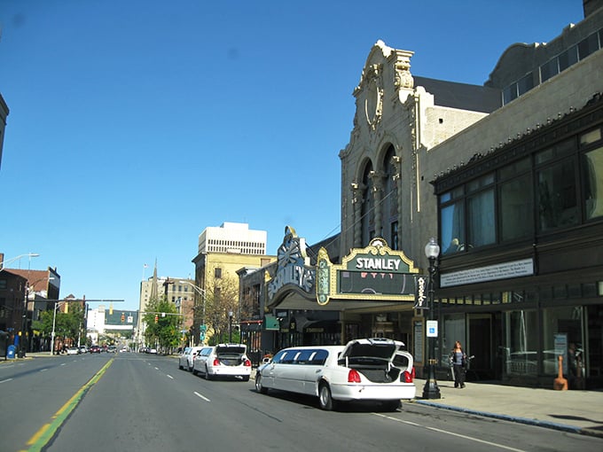 Downtown Utica's historic Stanley Theatre stands as a testament to the city's cultural heart. Classic marquee lights still beckon entertainment seekers after all these years.