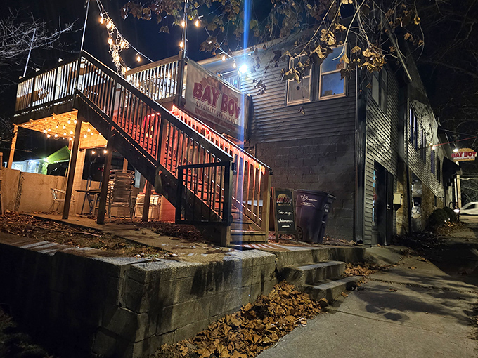 At night, Bay Boy transforms into a twinkling sandwich fairytale. That staircase isn't leading to heaven, but the sandwiches come pretty close.
