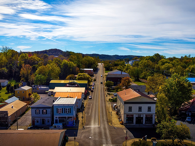 From this bird's-eye view, Berea reveals itself as a patchwork of affordable homes nestled among rolling Kentucky hills.