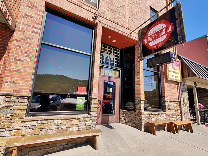 Simple wooden benches outside invite you to sit a spell after conquering one of their legendary hand-formed patties.