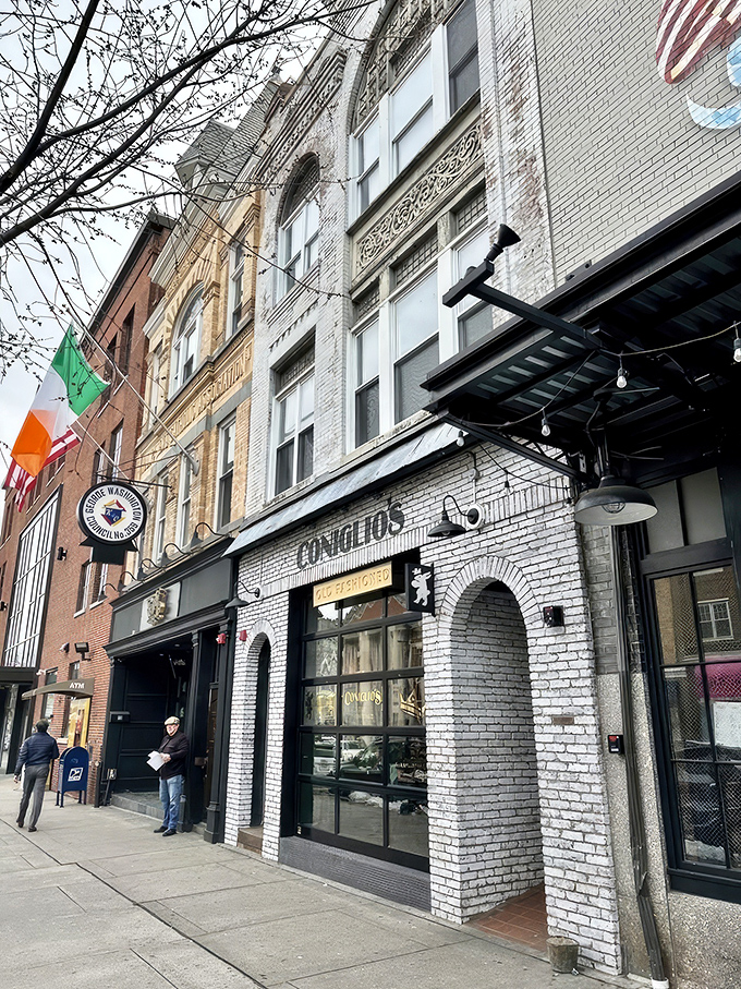The historic buildings of Morristown create the perfect backdrop for Coniglio's. That Irish flag hints at the neighborhood's rich cultural tapestry.