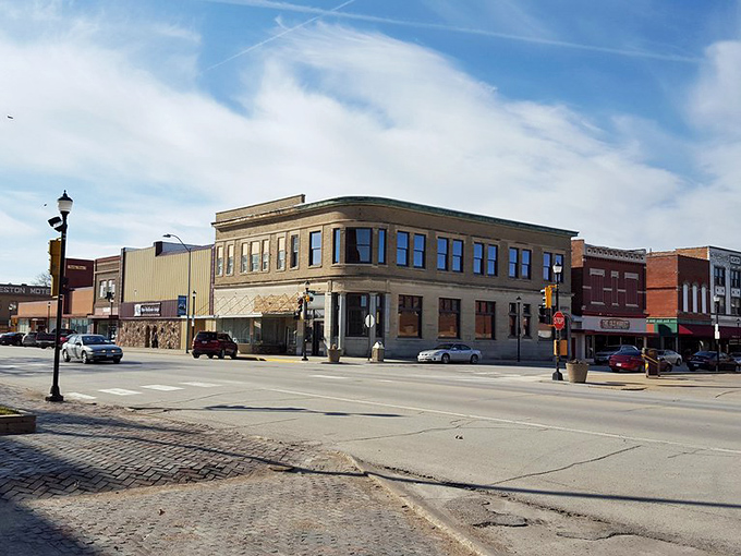 Downtown Creston at golden hour&mdash;where the only traffic jam might be two neighbors stopping to chat. Classic Iowa charm without the big city hustle.