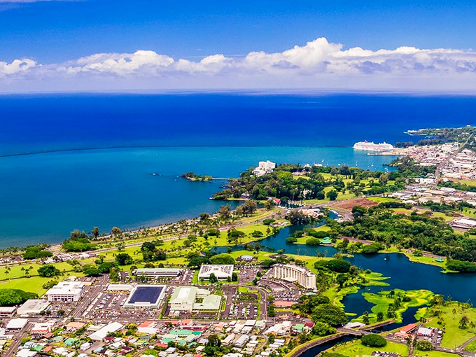 From this vantage point, Hilo spreads out like a colorful quilt of buildings, greenery, and blue water. Small-town Hawaii at its finest.