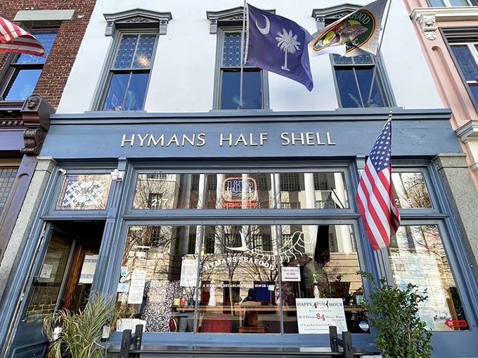 A closer look at Hyman's classic blue fa&ccedil;ade, where generations of diners have discovered why this Charleston landmark deserves its stellar reputation.