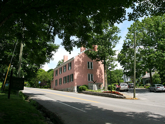 This pink historic building stands as a charming sentinel in Lewisburg, where time seems to slow down and architecture tells stories of bygone days.
