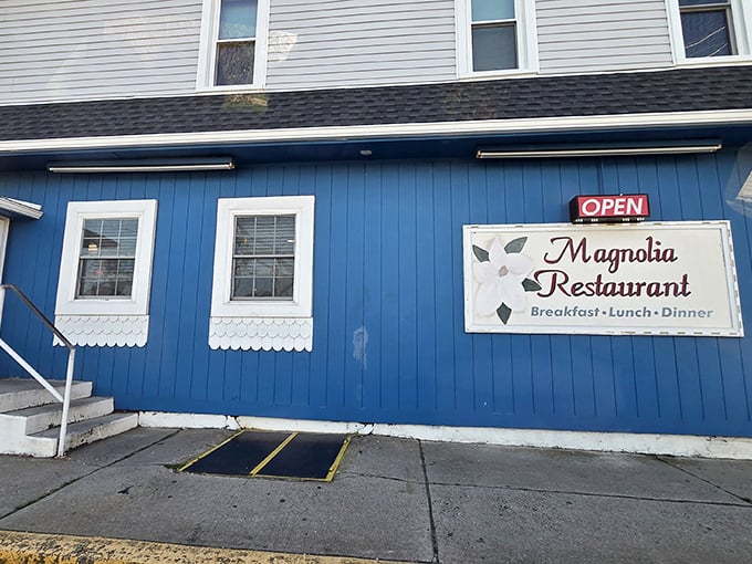 The bright blue exterior of Magnolia Restaurant signals you've arrived at comfort food central. Their creamed chipped beef is worth the trip!