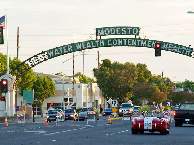 Classic cars occasionally cruise under this historic gateway to downtown Modesto, where affordable living meets small-town charm.
