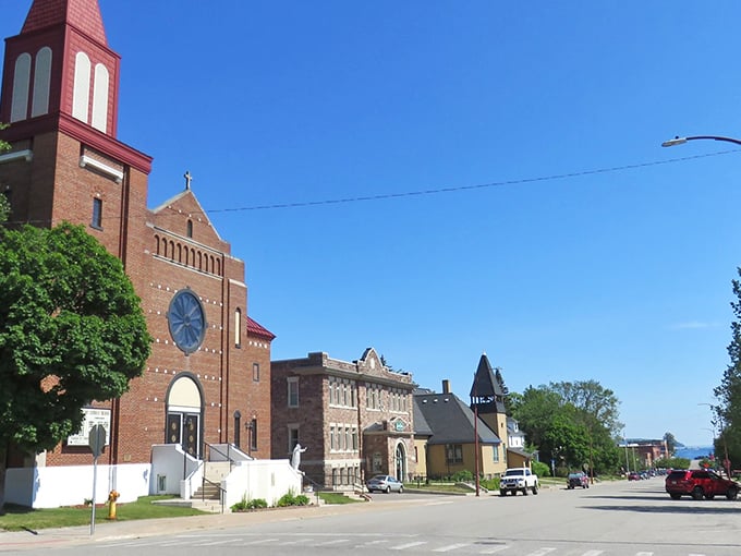 This historic red-brick church stands as Munising's faithful sentinel, watching over generations of Upper Peninsula life.