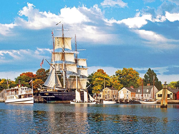 The historic tall ships of Mystic Seaport stand ready for adventure, a floating time capsule where maritime history comes alive with every creak of the wooden decks.