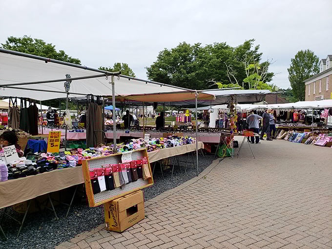Colorful vendor tables stretch into the distance at Pocono Bazaar, where treasure hunting becomes an Olympic sport!