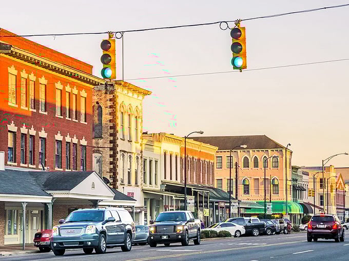 Sunset bathes Selma's main street in golden light, highlighting architecture that's stood strong through decades of change. History lives in these walls.