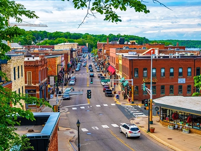 Main Street Stillwater invites you to slow down and savor small-town charm with its brick buildings and unhurried pace.