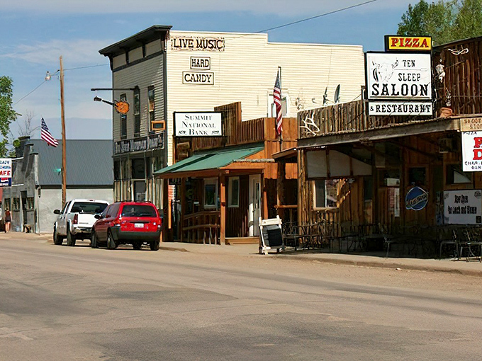Main Street magic in Ten Sleep, where the Ten Sleep Saloon promises cold drinks and warm conversation after a day of mountain adventures.