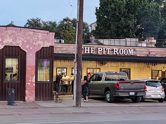 Evening at The Pit Room - when the fairy lights come on and the brisket comes out.