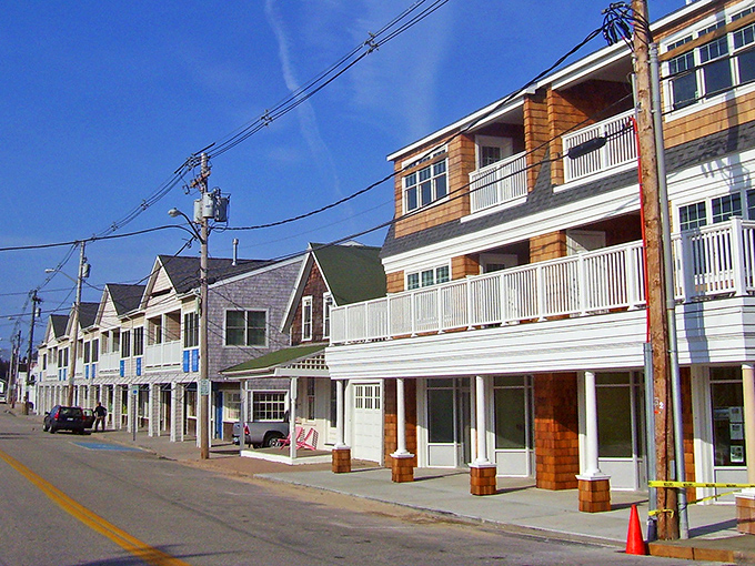 Classic New England charm lines Watch Hill's streets, where cedar-shingled buildings whisper stories of summers past.