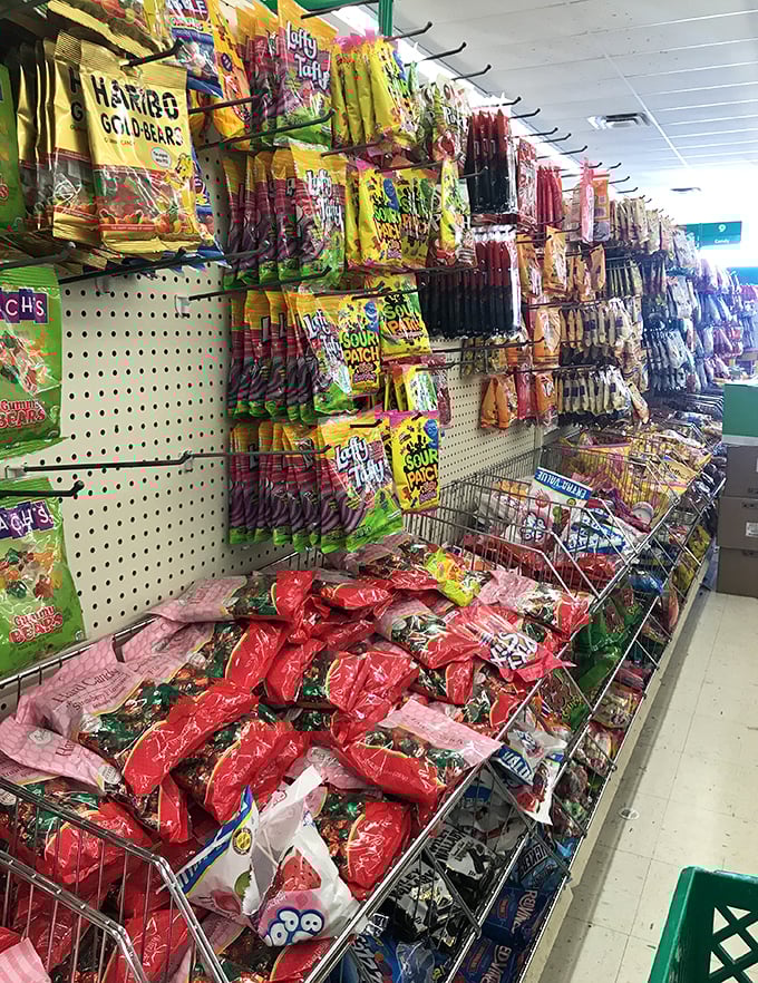 A candy wonderland that would make Willy Wonka jealous. Haribo, Jolly Rancher, and nostalgic treats all waiting to jump into your cart.