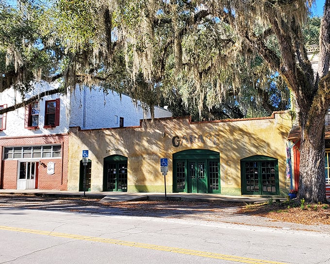The yellow "Garage" building stands as a cheerful reminder that in Micanopy, even the most utilitarian structures have stories worth telling.