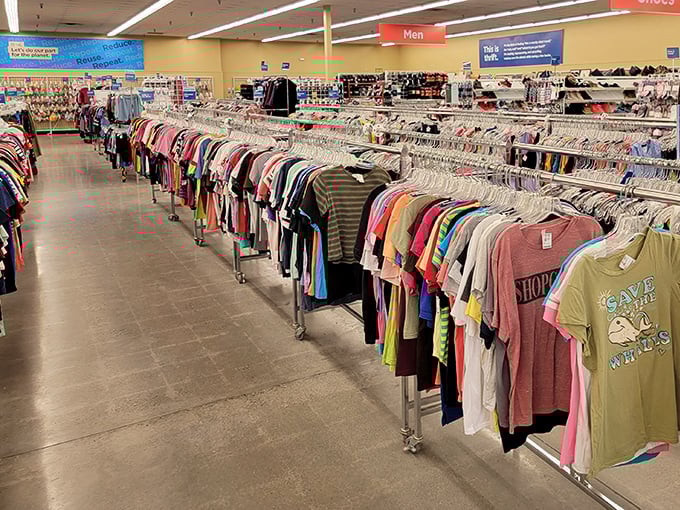 Endless racks of possibility! Each hanger holds someone's past fashion choice waiting for its second act in your wardrobe revolution.