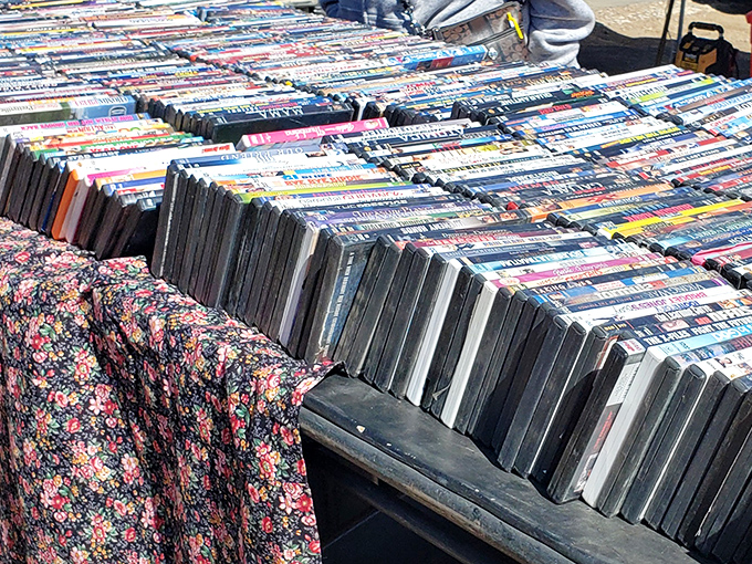 DVDs and media sprawl across tables in organized chaos—somewhere in there lies your next movie night marathon.