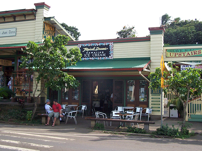 Tropical Dreams Ice Cream and Kohala Coffee Mill sit side by side, creating what locals affectionately call "the happiest corner in Hawaii."
