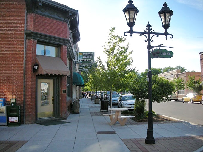 Those vintage streetlamps aren't trying too hard, which is exactly why they work so perfectly here.