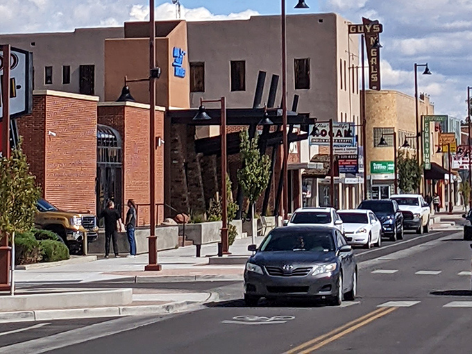 Stroll through Gallup's revitalized downtown where earth-toned buildings frame wide streets, creating a welcoming atmosphere for both locals and visitors.