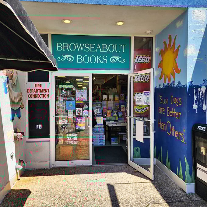 "Sun Days are Better than Others" proclaims the whimsical entrance, where beach reads and LEGO dreams await just beyond those welcoming doors.
