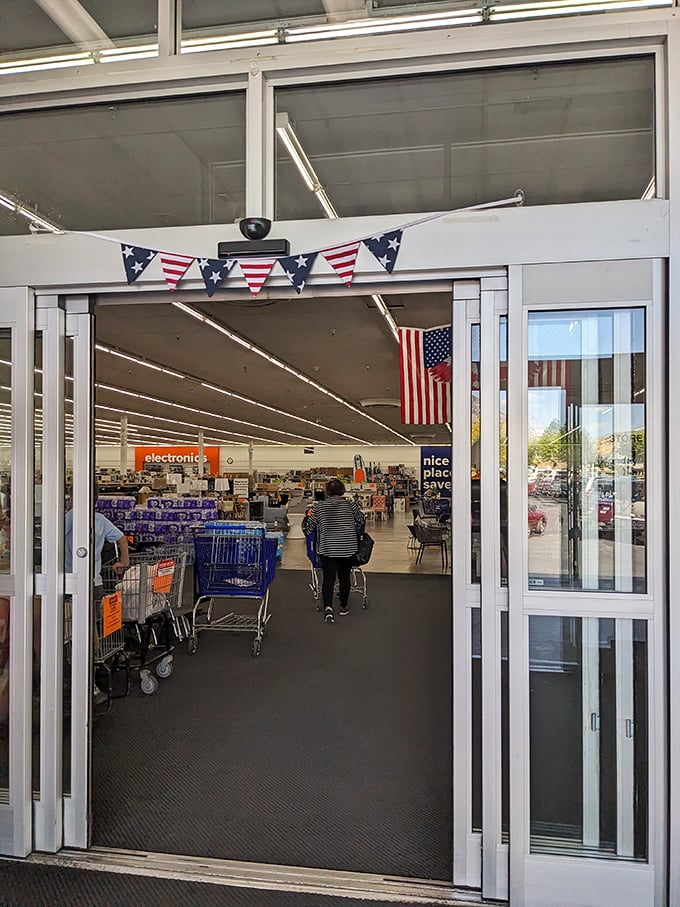 Patriotic bunting welcomes shoppers into a no-frills wonderland where your wallet can finally breathe a sigh of relief.