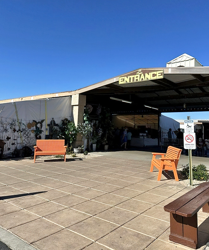 Enter here for retail therapy that won't require actual therapy for your wallet. The orange benches invite you to rest before diving back in.