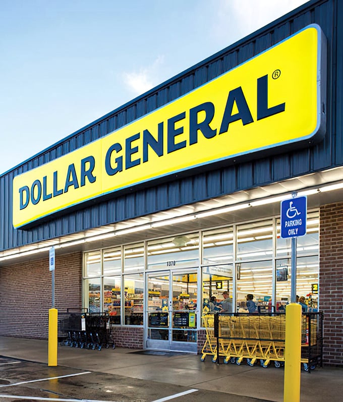 Behold the modern Dollar General storefront, where yellow shopping carts await their next adventure through the aisles.