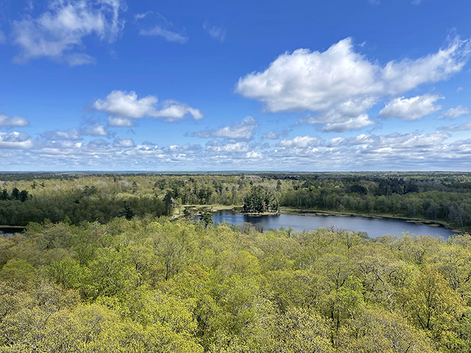 Nature's panorama unfolds from above—a patchwork of lakes, forests, and sky that makes you wonder why you ever waste time scrolling through social media.
