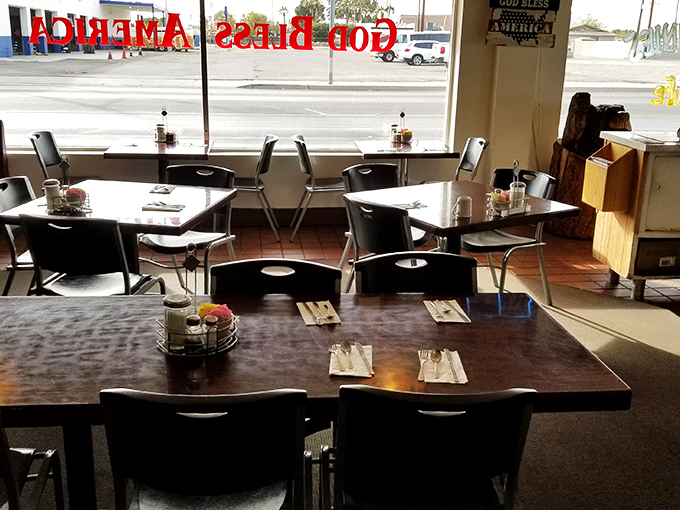 Simple tables, straightforward chairs, and windows that flood the space with desert sunshine&mdash;diner perfection doesn't need fancy frills.