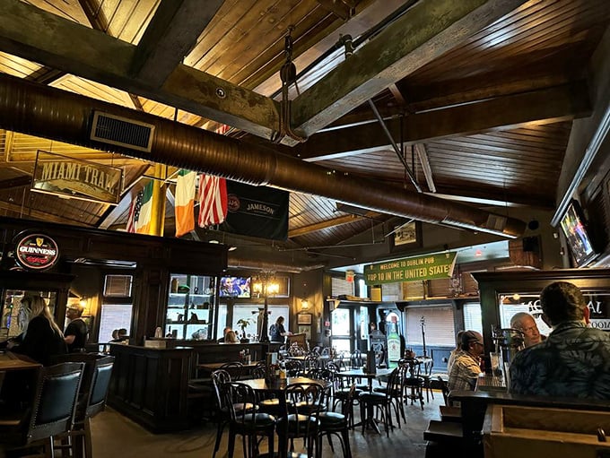 Step inside and you're transported across the Atlantic &ndash; exposed wooden beams, international flags, and that unmistakable warm pub atmosphere that makes you want to linger.