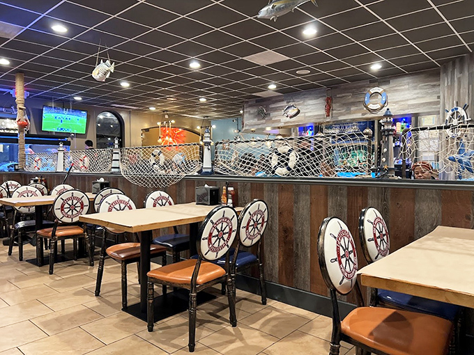 Ship wheels and fishing nets transform this dining room into a maritime playground where seafood dreams come true. Captain's orders: come hungry!