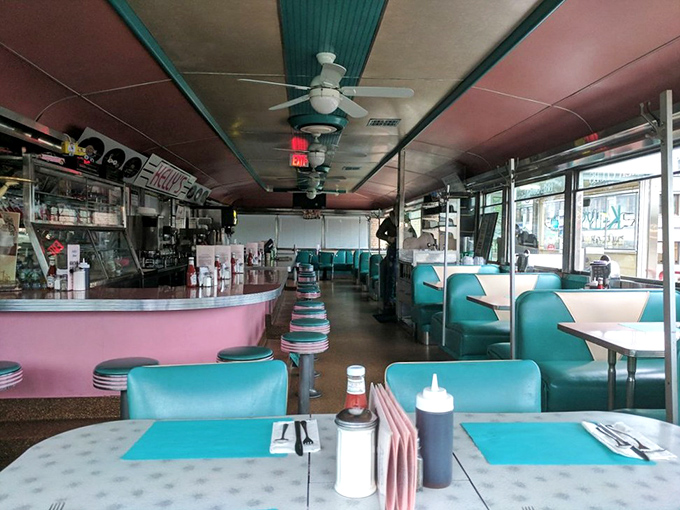 Turquoise and pink never looked so appetizing. The interior's vintage color scheme isn't retro by design&mdash;it's authentic by survival, creating the perfect backdrop for breakfast bliss.