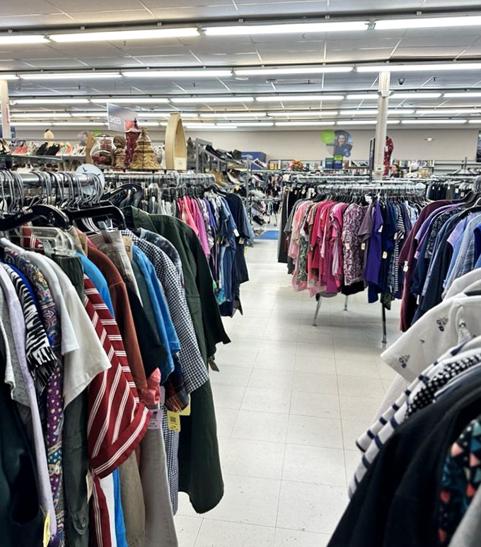 Endless racks stretch like a fabric rainbow, where patience and persistence reward you with jaw-dropping discoveries.