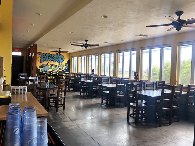 Bright, airy, and no-nonsense&mdash;just how I like my Hawaiian eateries. The colorful mural promises what the kitchen delivers: bold island flavors.