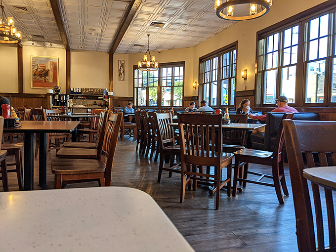 Warm wood tones, pressed tin ceilings, and natural light create the perfect backdrop for what many consider Nashville's most important morning decision.