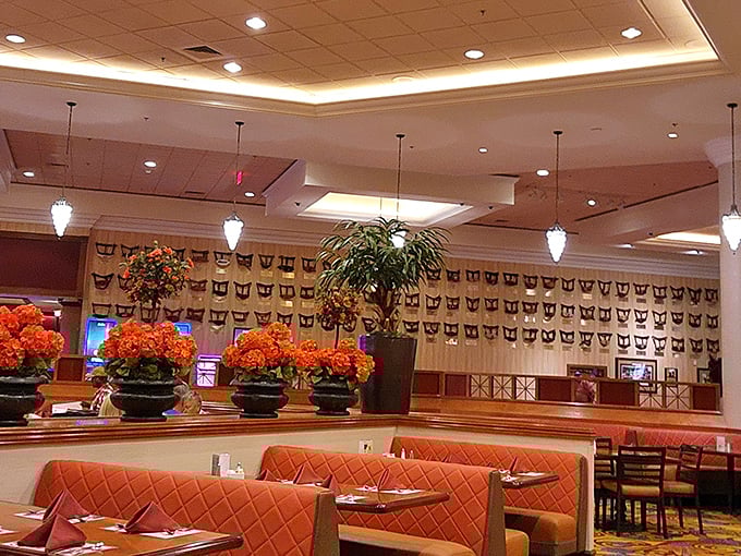 Orange blossoms and pendant lighting create an atmosphere that says "we care about your comfort" without shouting it over a PA system.