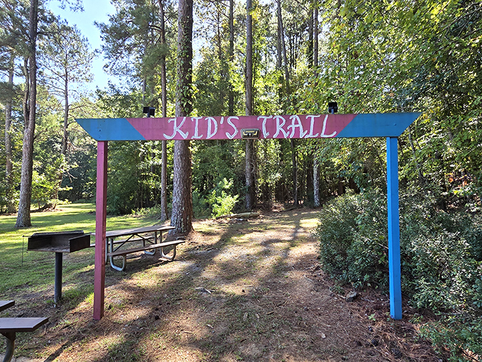 The Kid's Trail entrance promises adventure at a pace that won't require an ambulance, perfect for tiny explorers.