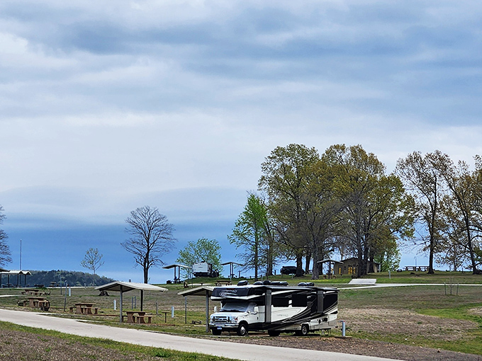 RV dreams come true where the morning coffee views rival five-star resorts. No alarm clock needed when the lake beckons this clearly.