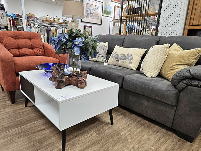 Mid-century modern meets cozy comfort in this living room vignette—someone's dream sofa is waiting at a fraction of retail.