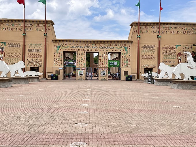 The Memphis Zoo entrance channels ancient Egypt, because nothing says "wild animals" quite like hieroglyphics and sphinx statues.