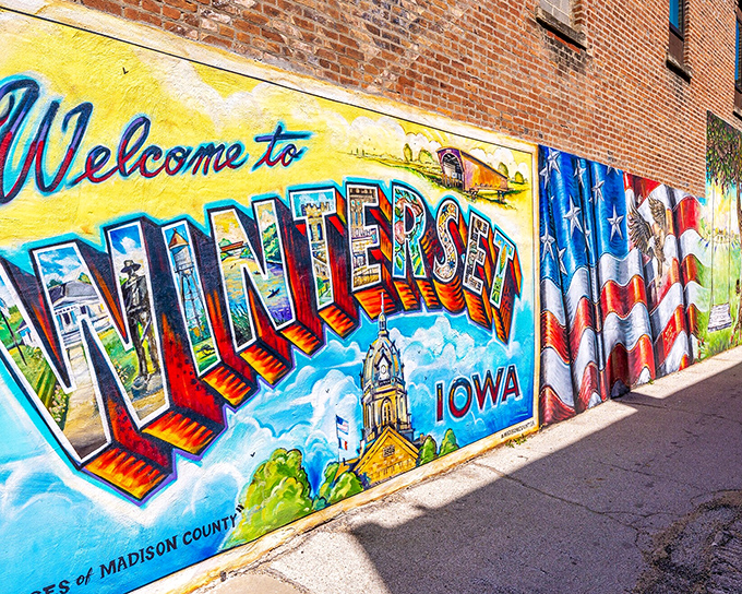 This vibrant mural welcomes visitors with hometown pride that would make Andy Griffith smile with approval.