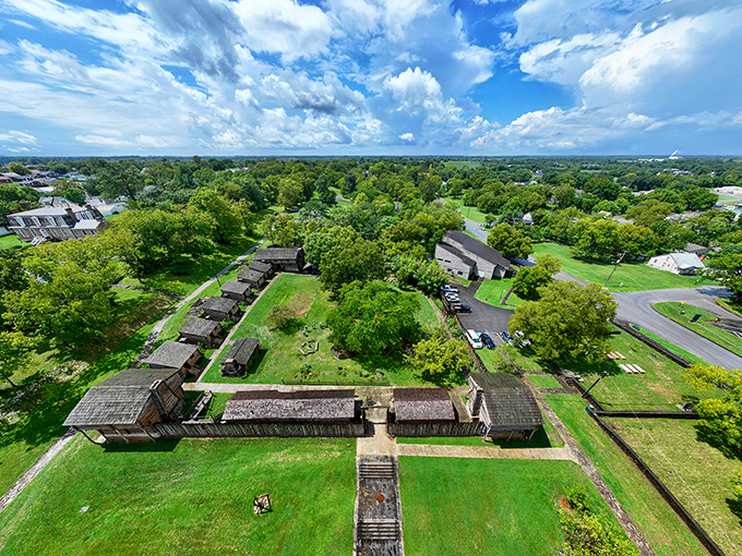 Old Fort Harrod from above reveals its perfect square design&mdash;frontier architecture at its most practical. "Let's put the dangerous wilderness outside and us inside, please."