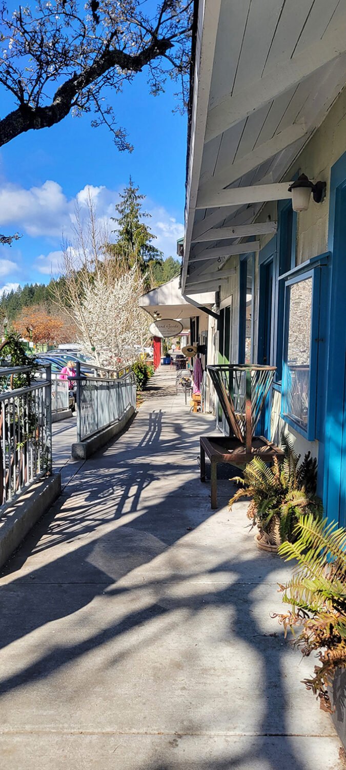 Sunlight plays hide-and-seek along Occidental's raised wooden sidewalks, where potted ferns and blue-trimmed storefronts create a postcard-perfect promenade.