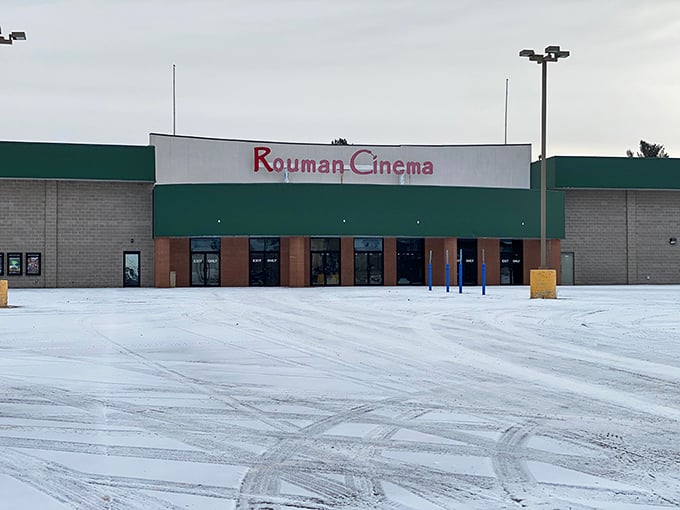 The Rouman Cinema stands ready for movie magic, even in winter's embrace. Where ticket prices won't require a second mortgage.