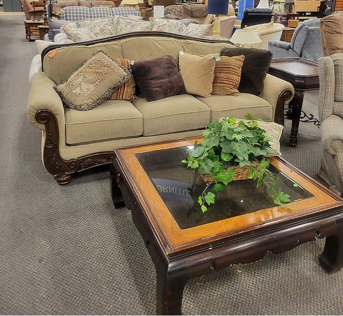 This isn't just a sofa&mdash;it's a time machine to Sunday afternoons at Grandma's, complete with carved wooden details that whisper "quality craftsmanship."