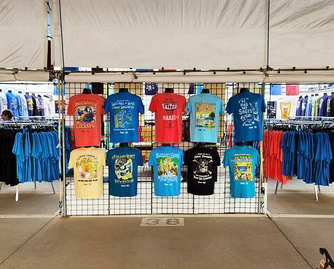 Vibrant t-shirts tell stories of beach adventures and cocktail dreams—the unofficial uniform of snowbirds escaping winter's grip for Yuma's sunshine.